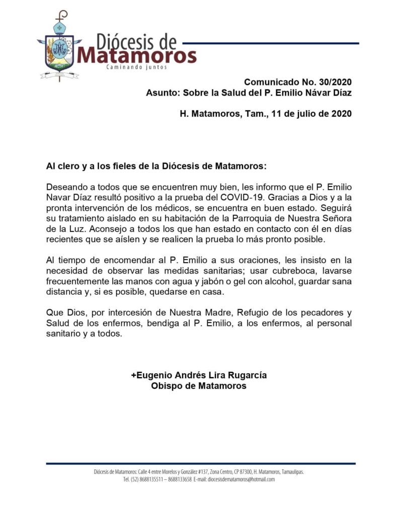 Comunicado sobre la salud del Pbro. Emilio Návar – Diócesis de Matamoros-Reynosa