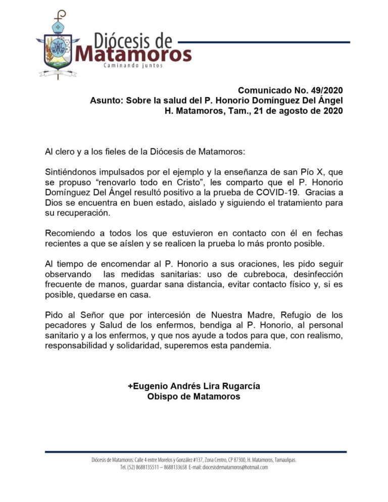 Comunicado sobre la salud del Pbro. Honorio Domínguez – Diócesis de Matamoros-Reynosa