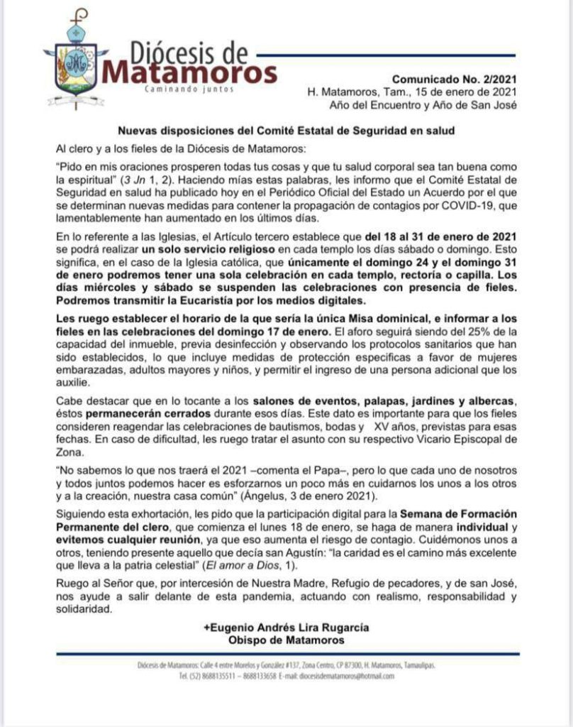 Comunicado sobre las nuevas disposiciones para los templos (18 al 31 enero) – Diócesis de ...