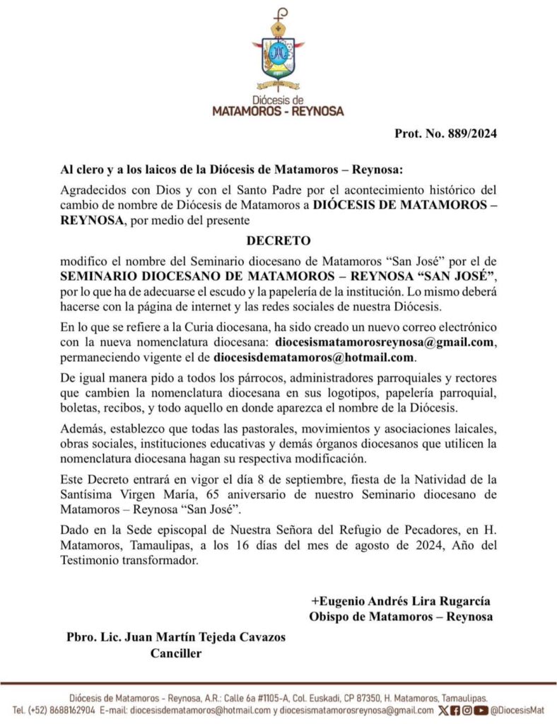 Nueva nomenclatura para el Seminario de Matamoros – Diócesis de Matamoros-Reynosa